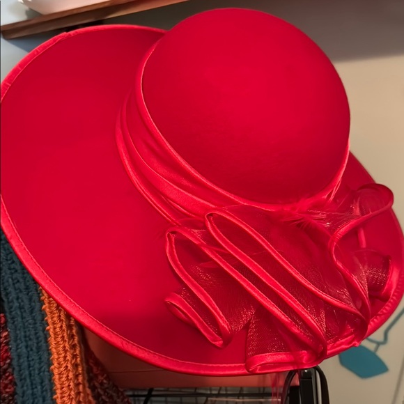 Accessories | Vibrant Red Felt Hat With Wide Brim And Floral Accent ...